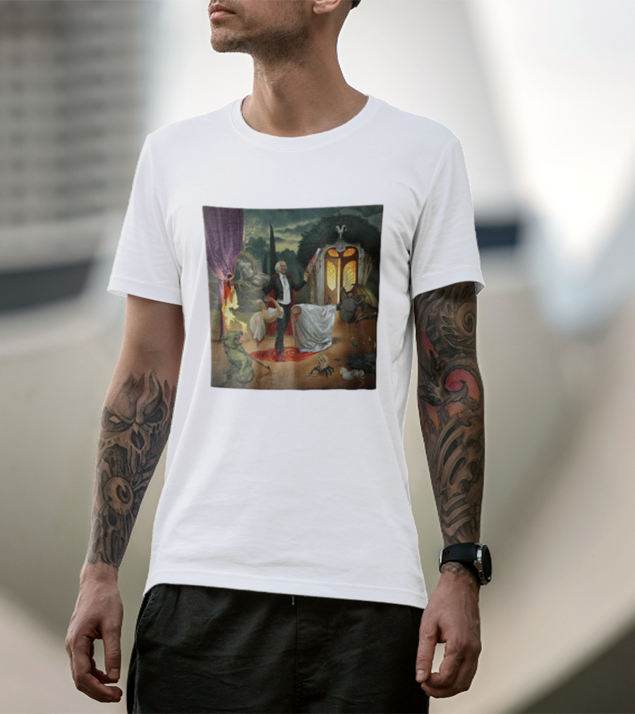 Surreal Gothic Man With Candle And Floating Figures Mysterious Enchantment T-Shirt