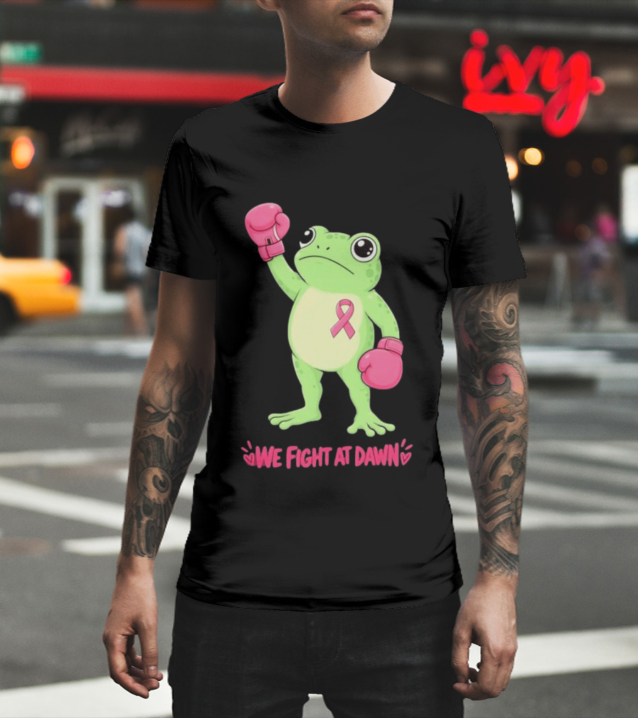 Boxing Frog We Fight At Dawn Breast Cancer Awareness Pink Gloves Ribbon T-Shirt