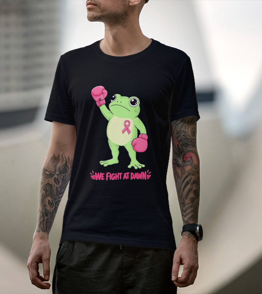 Boxing Frog We Fight At Dawn Breast Cancer Awareness Pink Gloves Ribbon T-Shirt