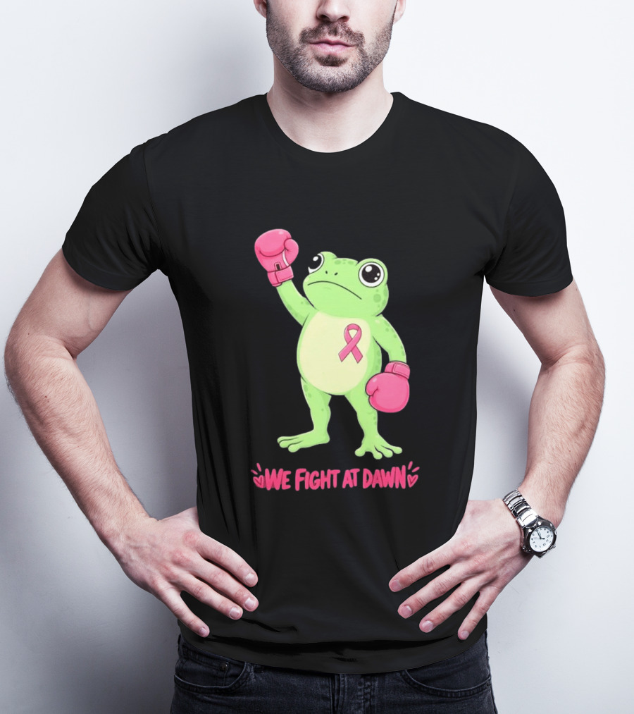 Boxing Frog We Fight At Dawn Breast Cancer Awareness Pink Gloves Ribbon T-Shirt