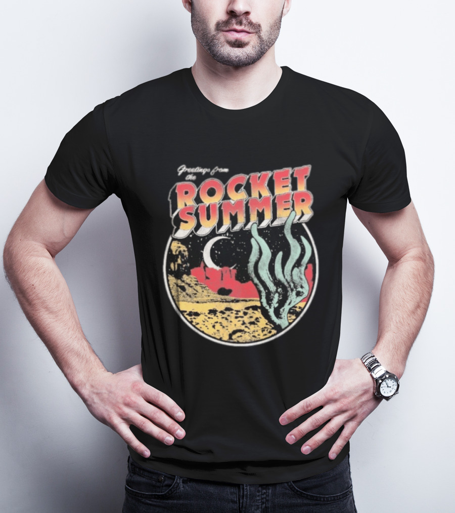 Greetings From The Rocket Summer Desert Moonlight Scene T-Shirt