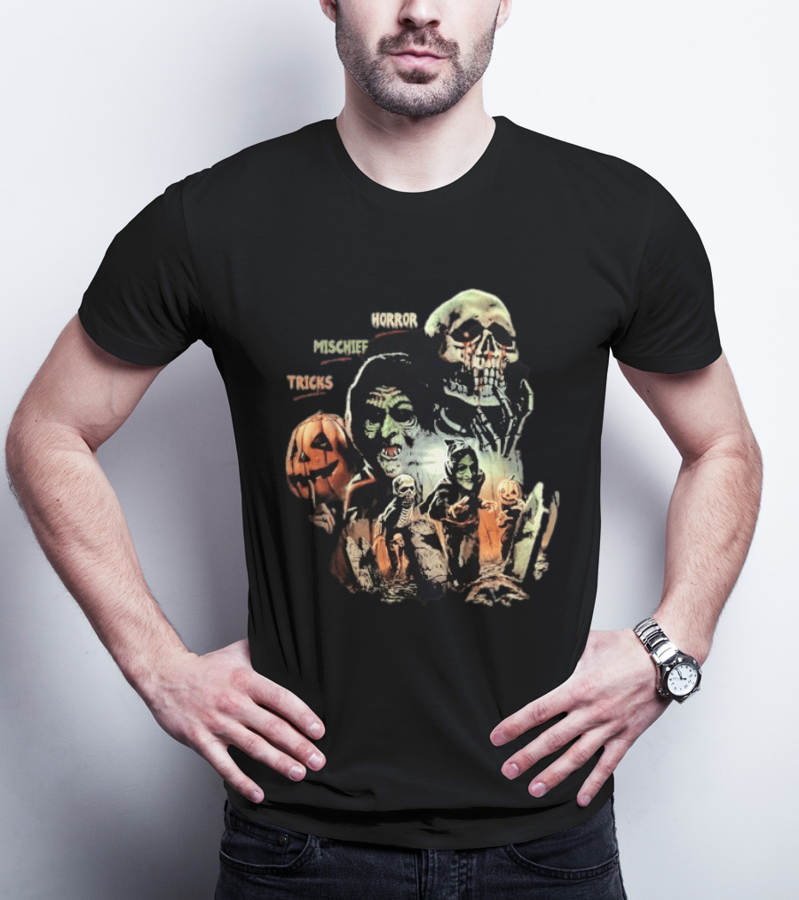 Halloween Horror Mischief Tricks Spooky Trio Skeletons And Jack O' Lanterns T-Shirt