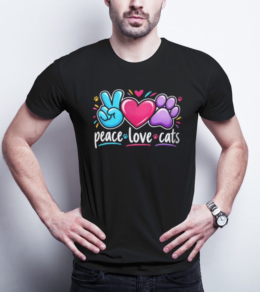 Peace Love Cats Sign Heart Paw Rainbow T-Shirt