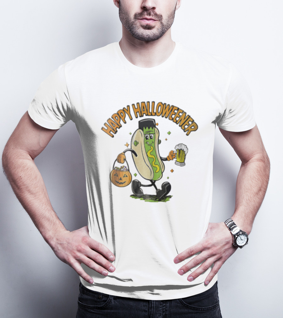 Happy Halloweener Frankenstein Hot Dog With Beer And Pumpkin Bucket T-Shirt