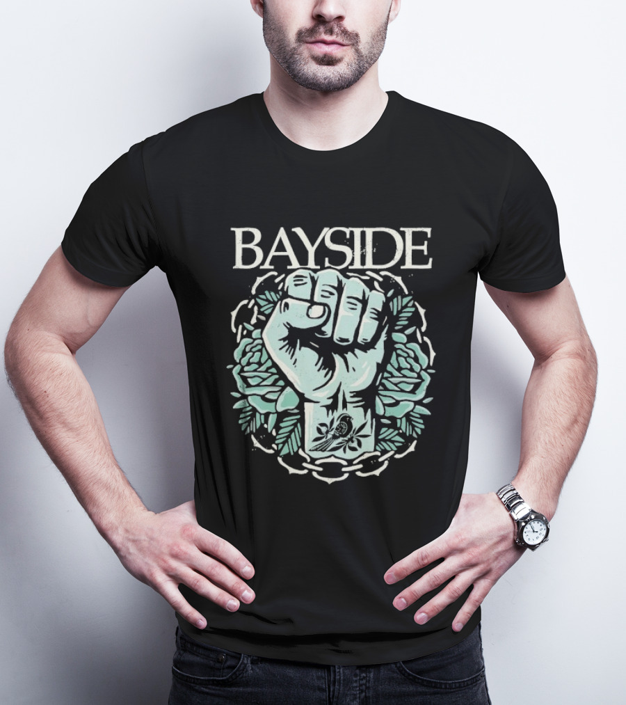 Bayside Acoustic Fist Tattoo Style With Roses And Fist In Chain Circle T-Shirt