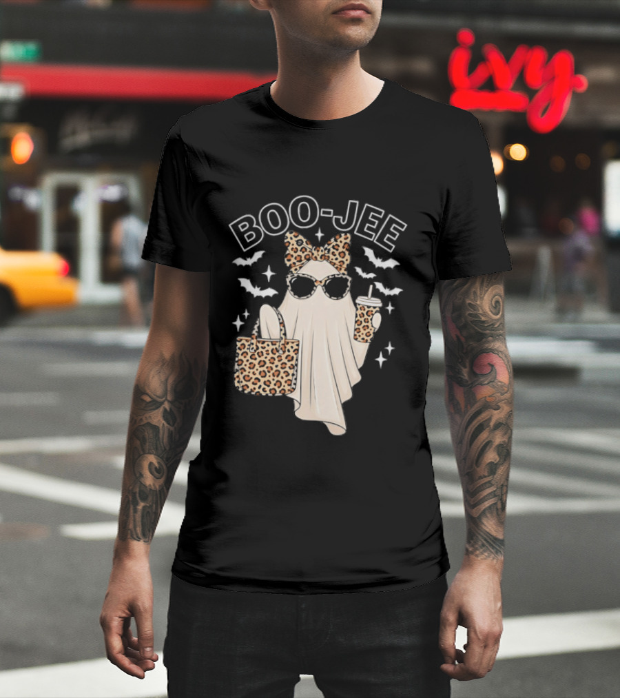 Boo Jee Stylish Ghost With Leopard Print Accessories And Bats T-Shirt
