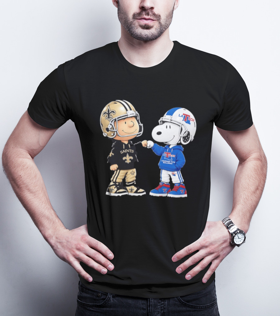 Charlie Brown Saints And Snoopy Louisiana Tech Bulldogs Team Helmet Fist Bump T-Shirt
