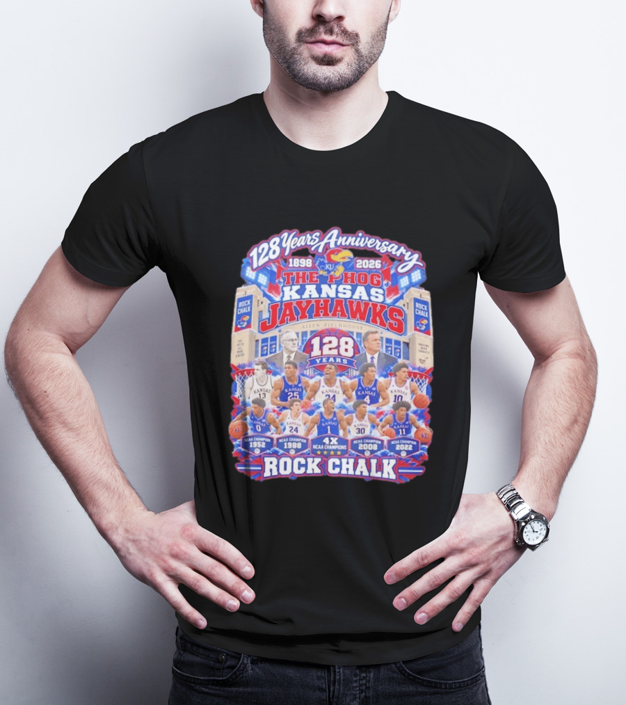 Kansas Jayhawks 128 Years Anniversary 1898 2026 The Phog NCAA Champions Rock Chalk T-Shirt