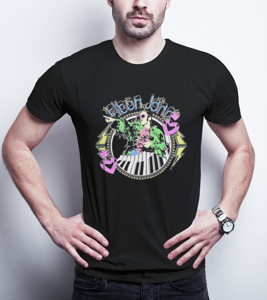 Elton John Distressed Colorful Piano And Hearts T-Shirt