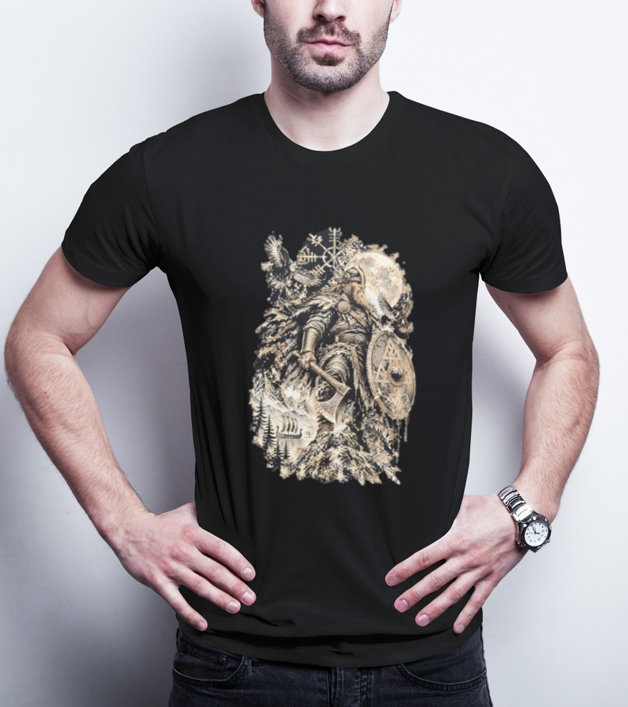 Norse God Viking Warrior Axe Valknut Symbol Raven Longship T-Shirt