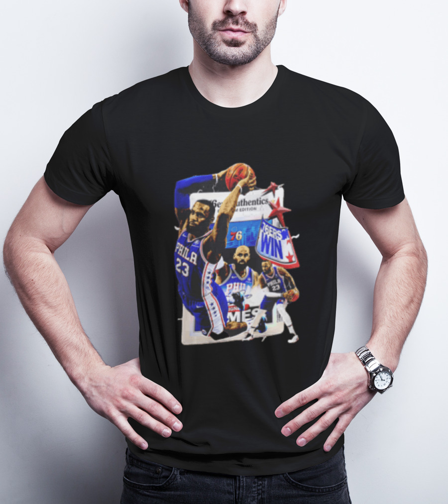 Philadelphia 76ers Lebron James Dunking Collage 76ers Win Edition T-Shirt