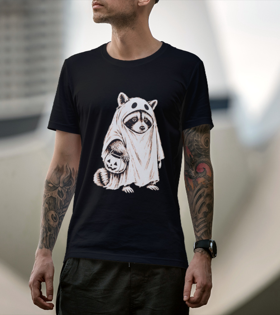 Raccoon Ghost Holding Pumpkin Bucket Halloween 2026 T-Shirt