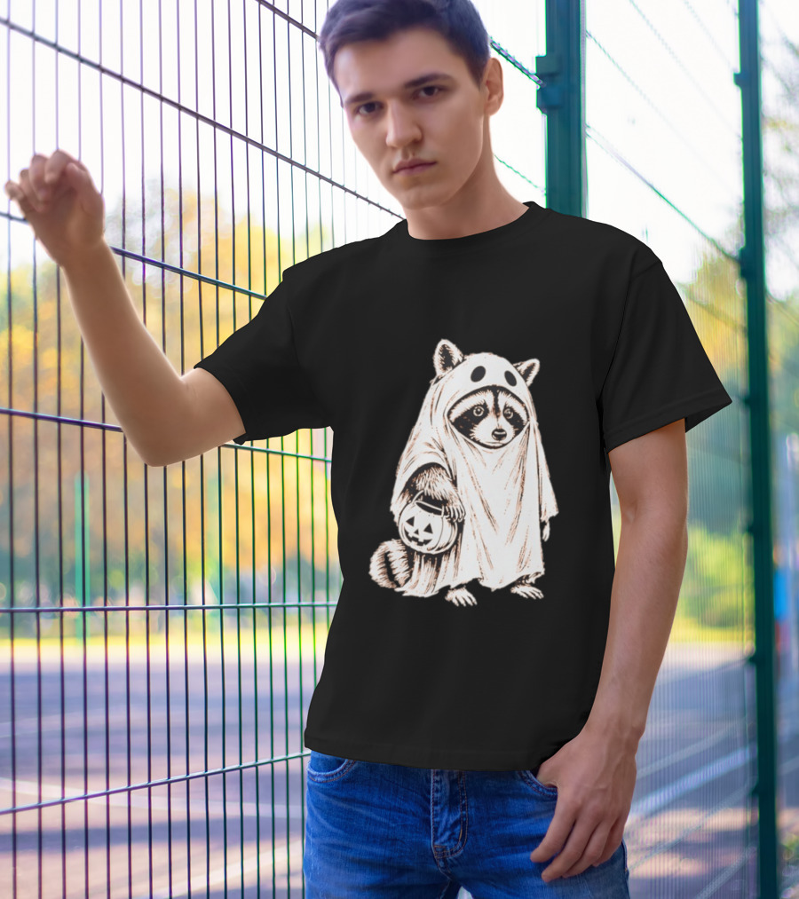 Raccoon Ghost Holding Pumpkin Bucket Halloween 2026 T-Shirt