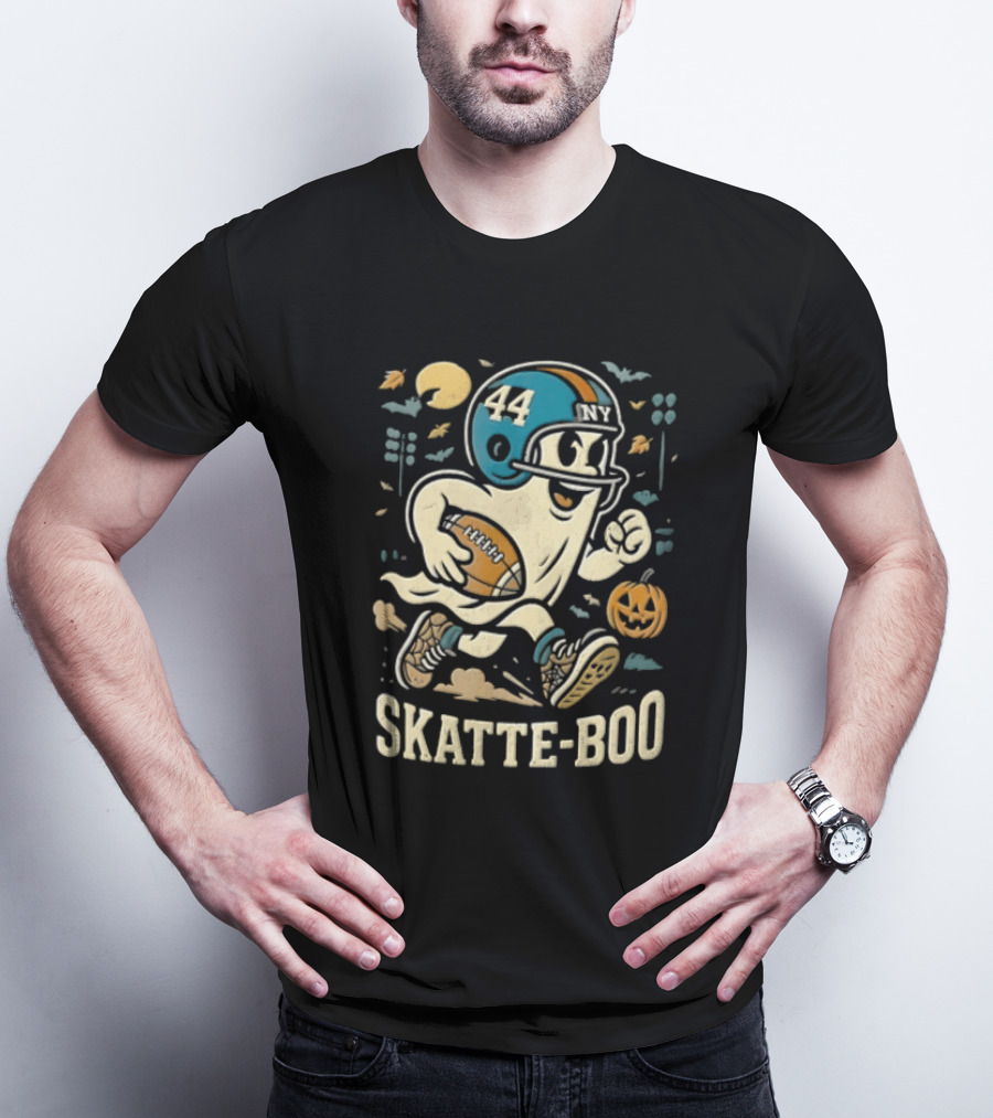 SKATTE BOO Football Helmet 44 Halloween Ghost Pumpkin T-Shirt