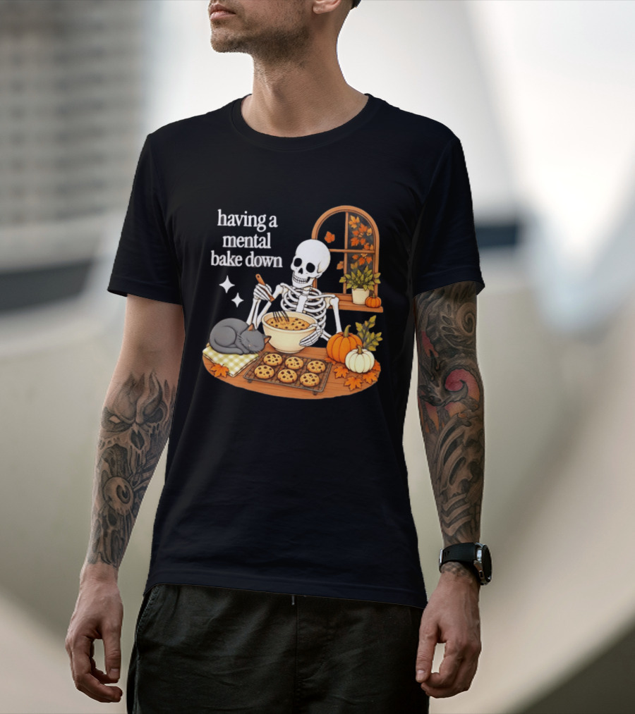 Having A Mental Bake Down Skeleton Baking With Cat And Pumpkins T-Shirt