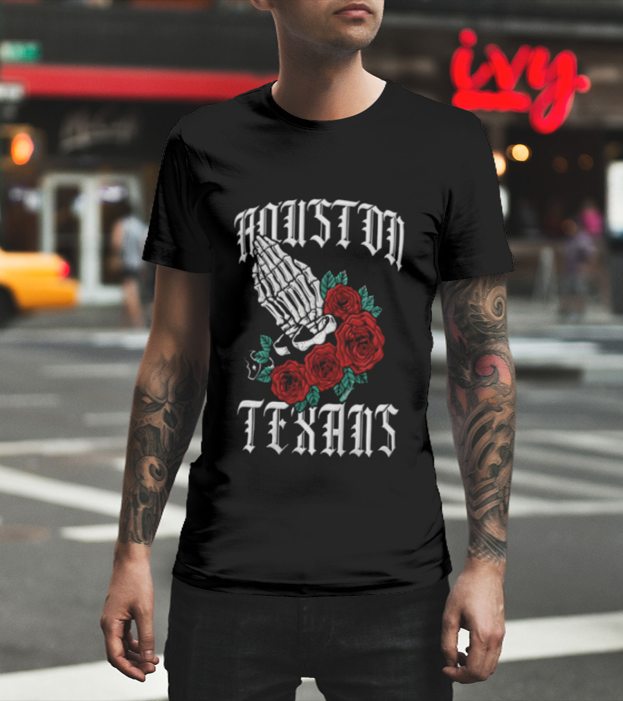 Houston Texans Praying Hands Red Roses Dia De Los Muertos T-Shirt