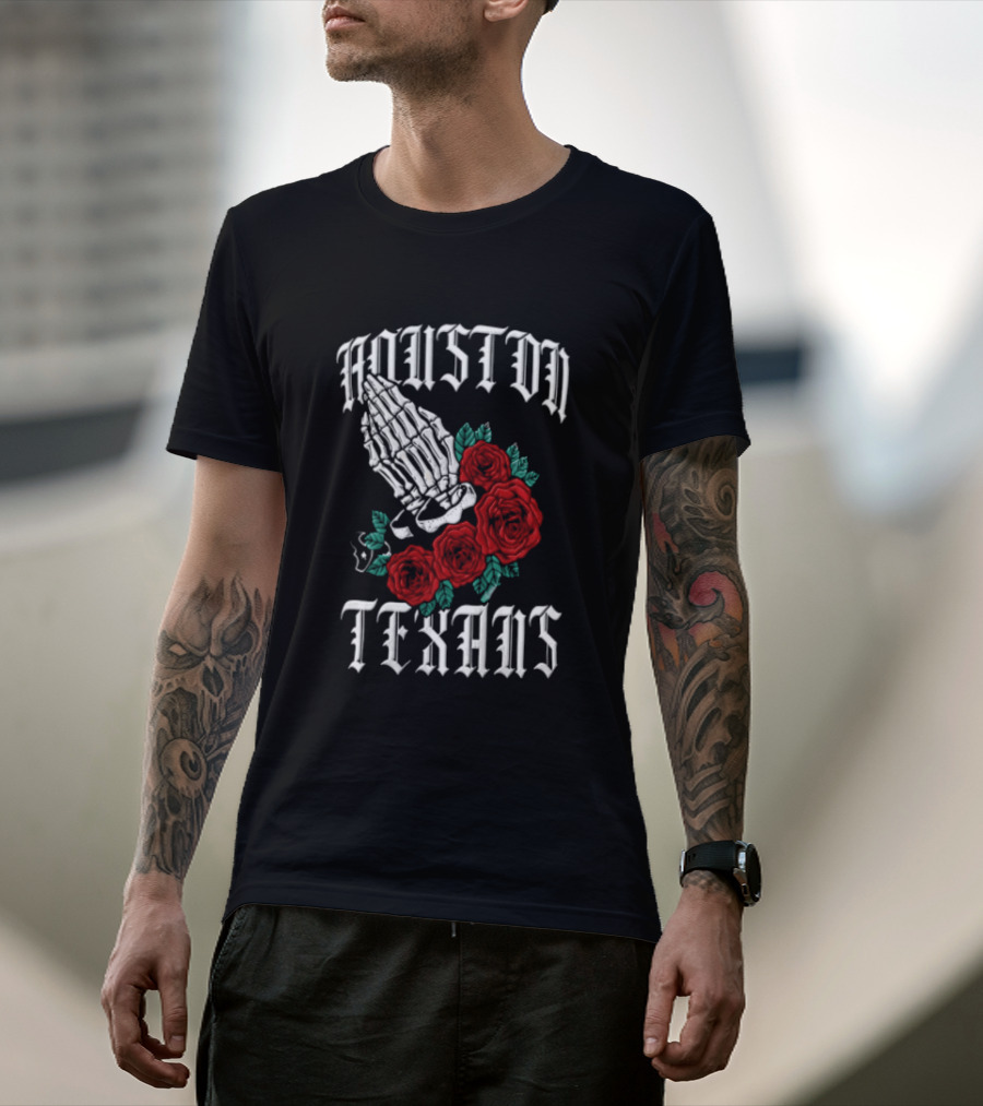 Houston Texans Praying Hands Red Roses Dia De Los Muertos T-Shirt