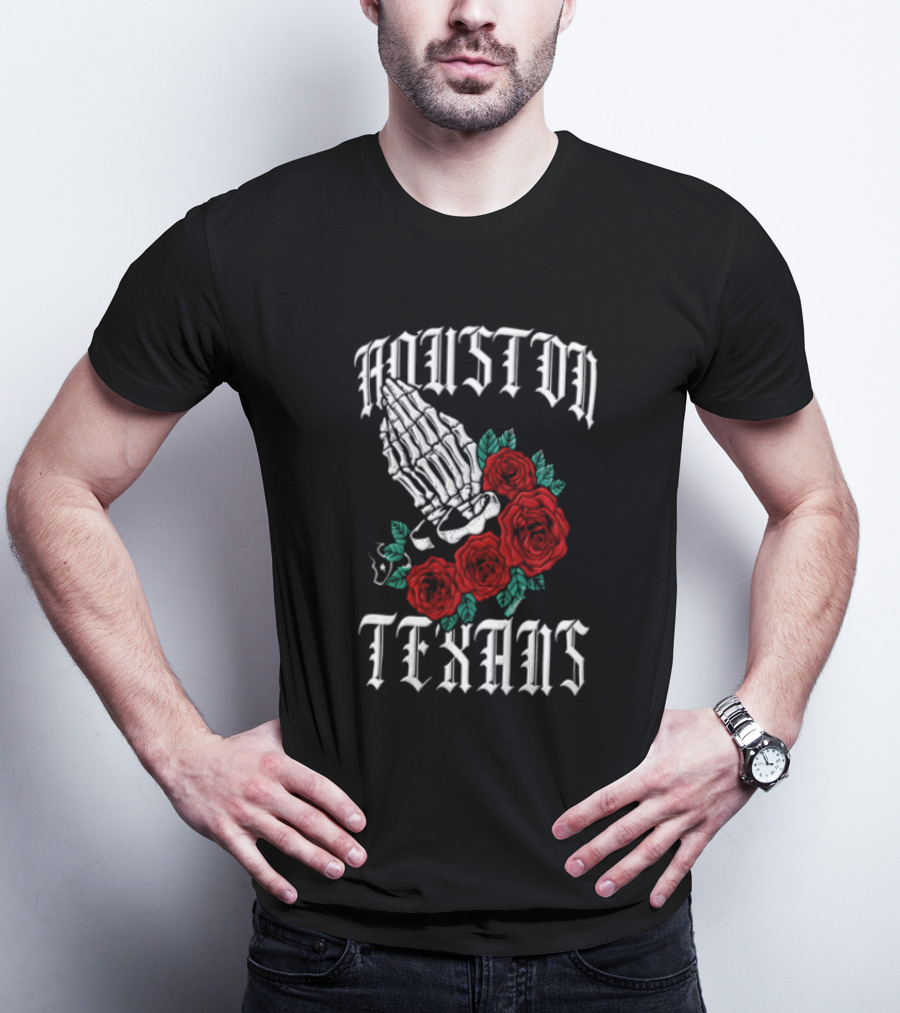 Houston Texans Praying Hands Red Roses Dia De Los Muertos T-Shirt