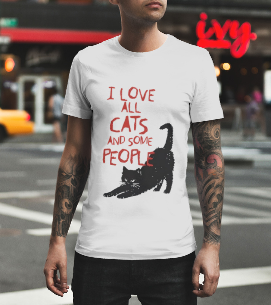 I Love All Cats And Some People Funny Cat Lovers Stretching Black Cat T-Shirt
