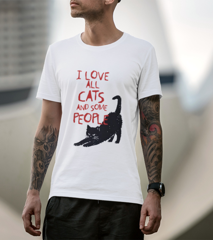 I Love All Cats And Some People Funny Cat Lovers Stretching Black Cat T-Shirt