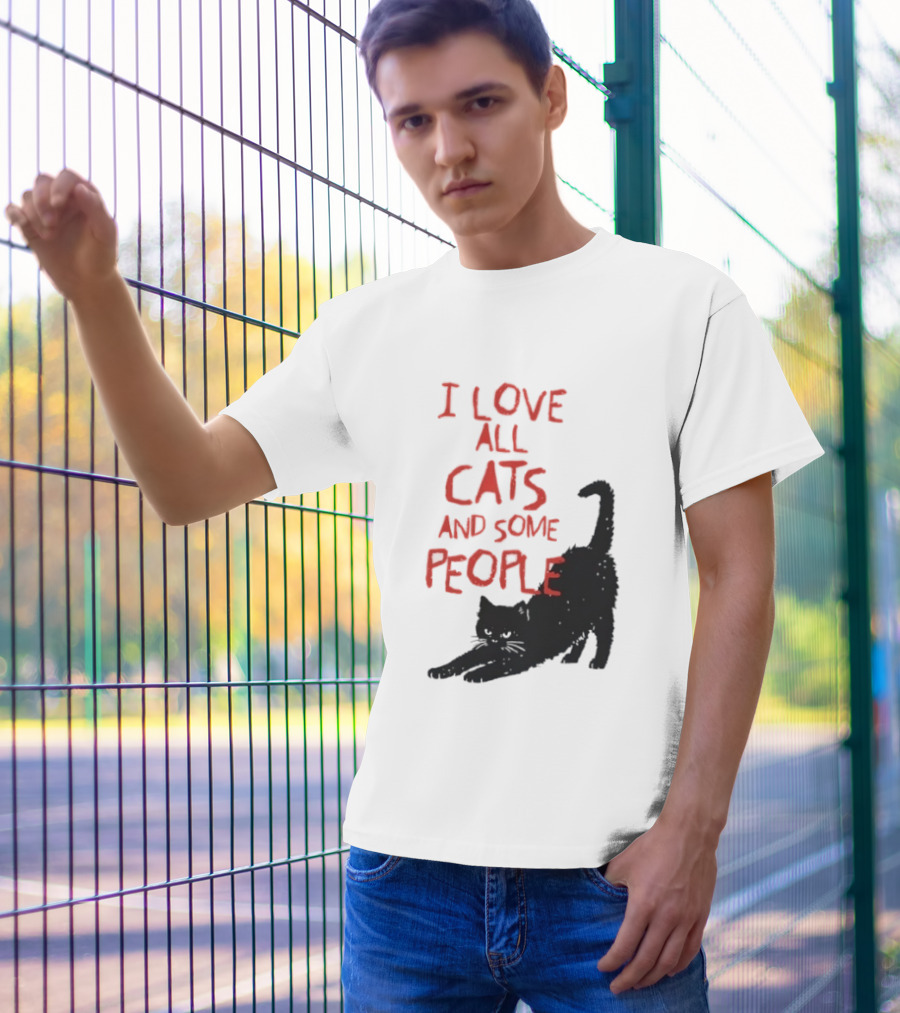 I Love All Cats And Some People Funny Cat Lovers Stretching Black Cat T-Shirt