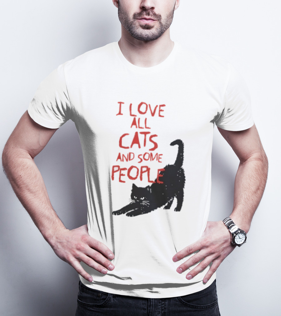 I Love All Cats And Some People Funny Cat Lovers Stretching Black Cat T-Shirt
