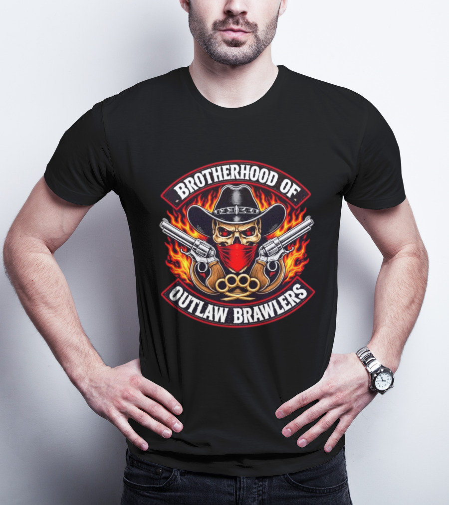 Brotherhood Of Outlaw Brawlers Skull Cowboy With Guns And Brass Knuckles Fiery Badass Wild West T-Shirt