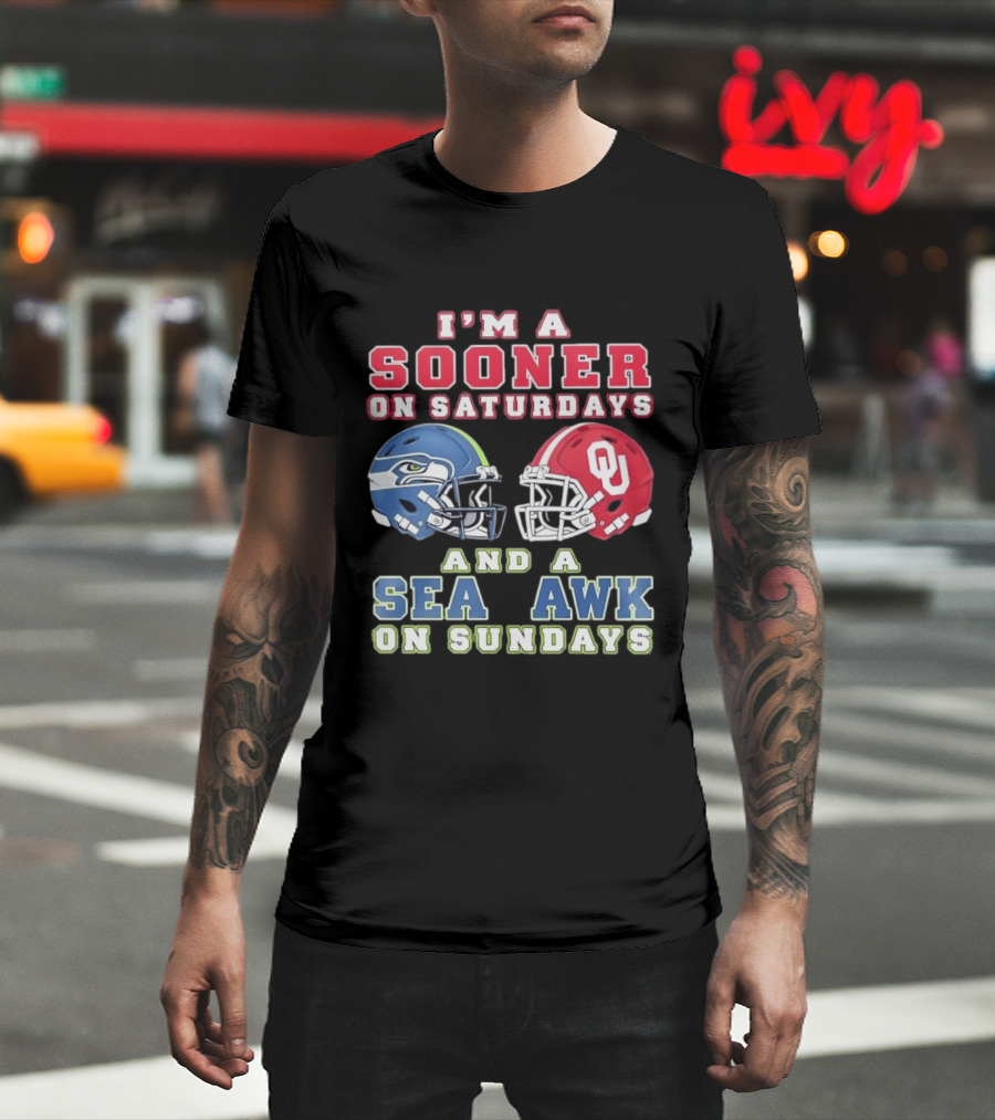I'm A Sooner On Saturdays And A Seahawk On Sundays Football Helmet Fan Gear T-Shirt