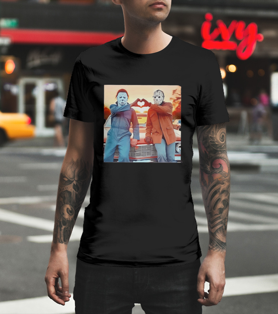 Jason Voorhees Michael Myers Heart Sign Halloween Retro Car Sunset T-Shirt