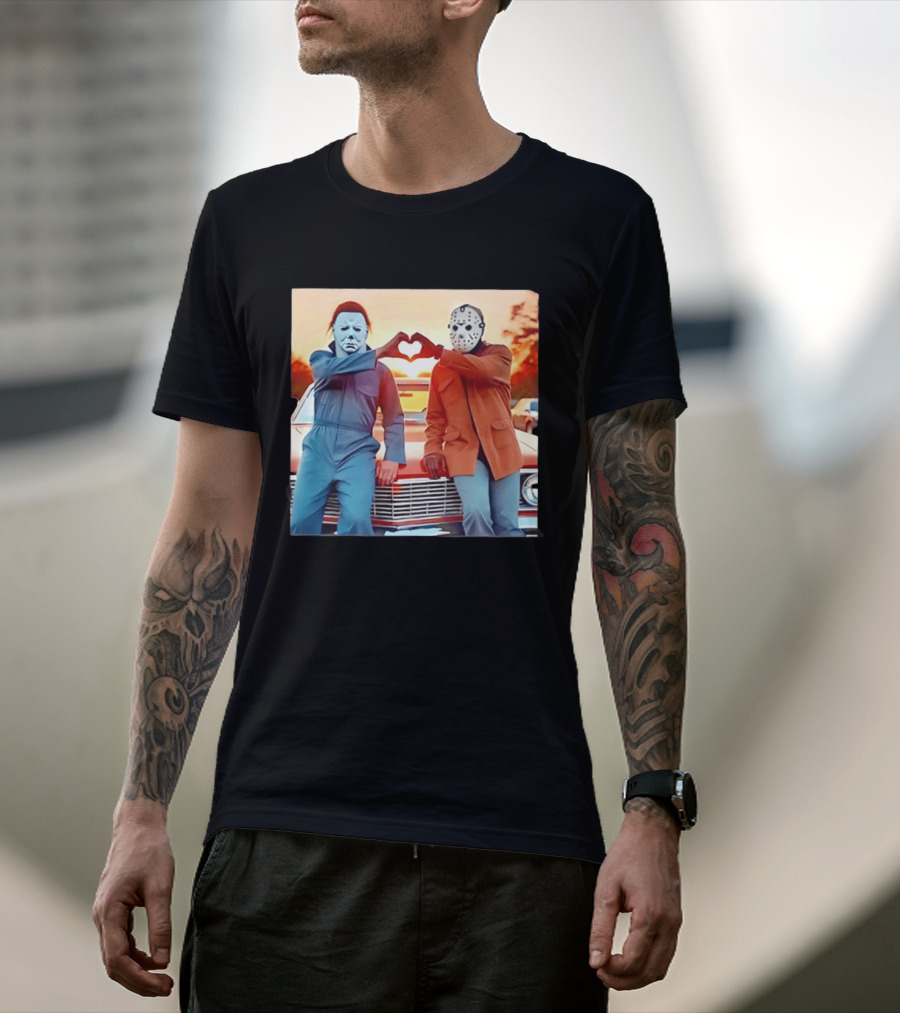 Jason Voorhees Michael Myers Heart Sign Halloween Retro Car Sunset T-Shirt