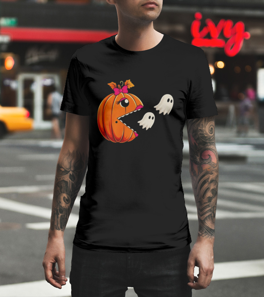 Ms PacMan Pumpkin Ghosts Halloween T-Shirt