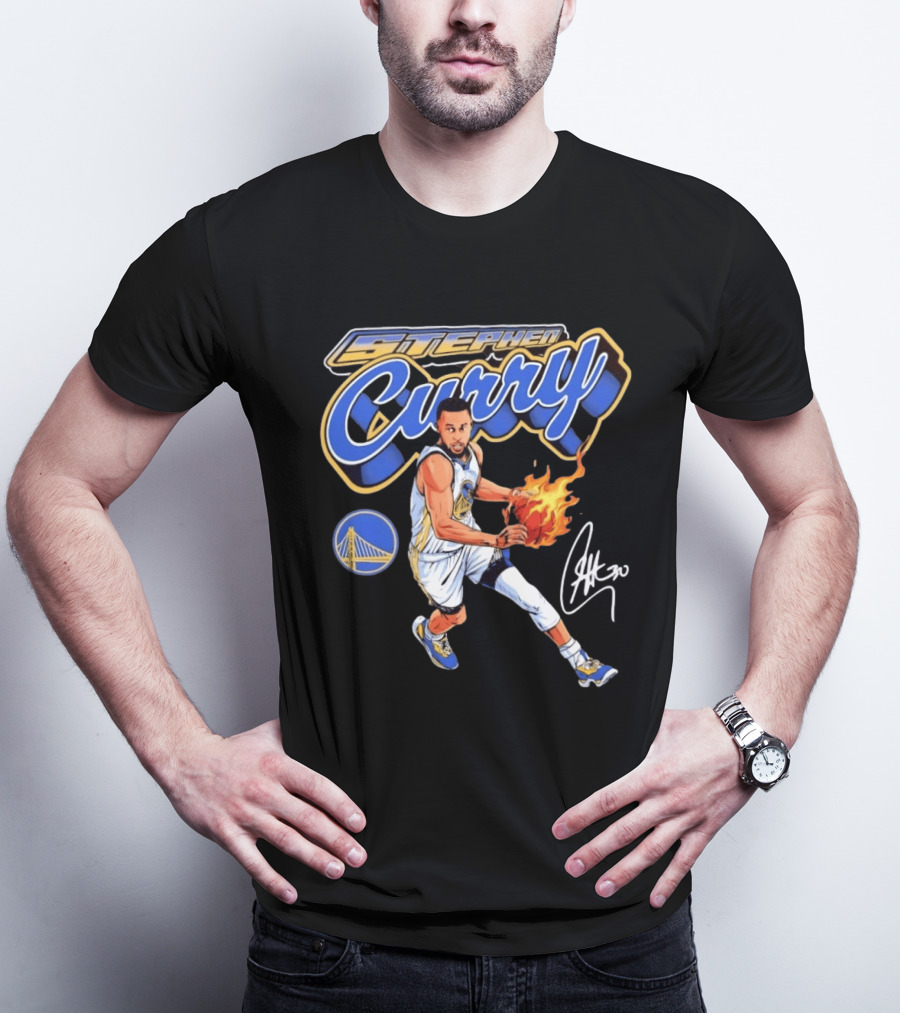 Stephen Curry Golden State Warriors Basketball Player With Flame Ball And Signature T-Shirt