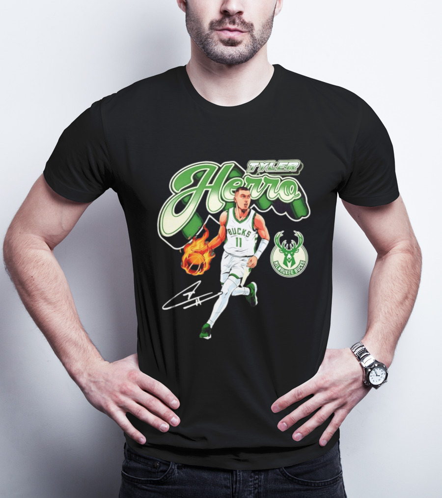 Tyler Herro Milwaukee Bucks Basketball Fireball Cursive Script T-Shirt