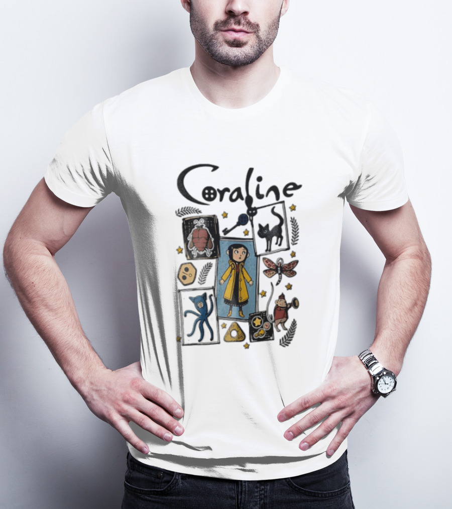 Coraline In Yellow Raincoat With Black Cat And Stars With Button Eyes T-Shirt