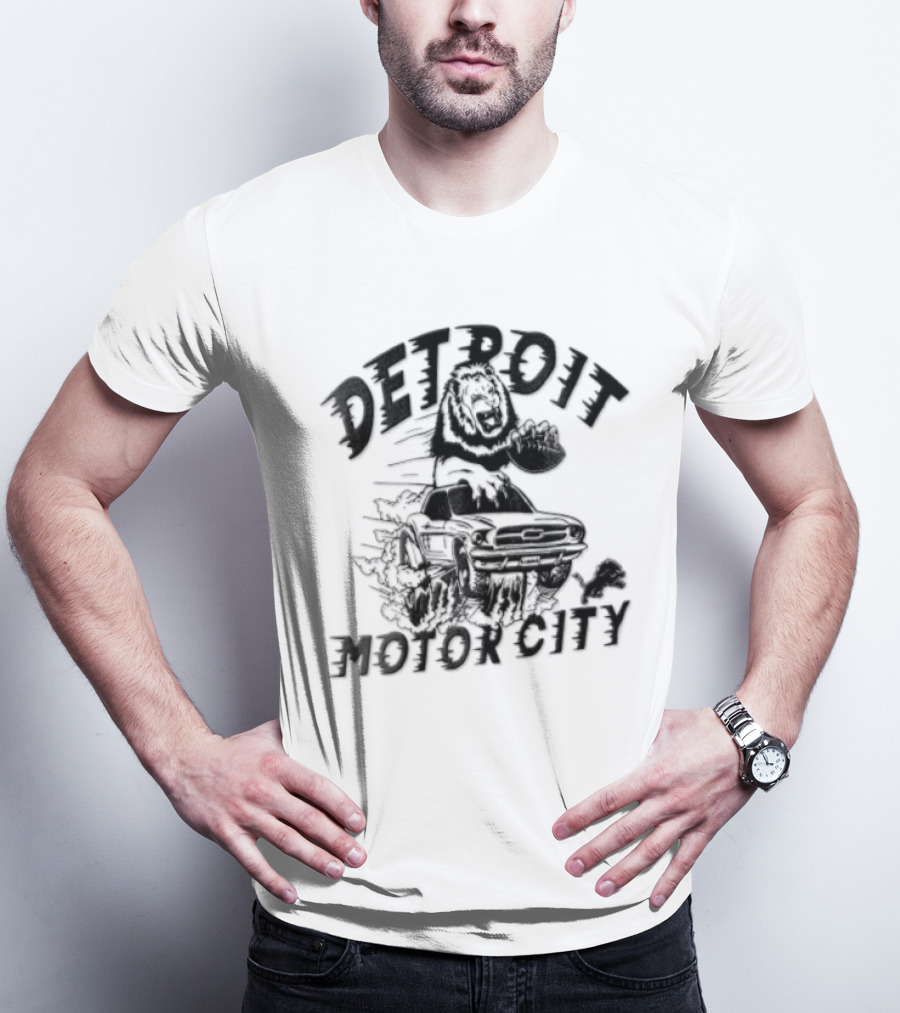 Detroit Lions Motor City Lion Holding Football Driving Car T-Shirt