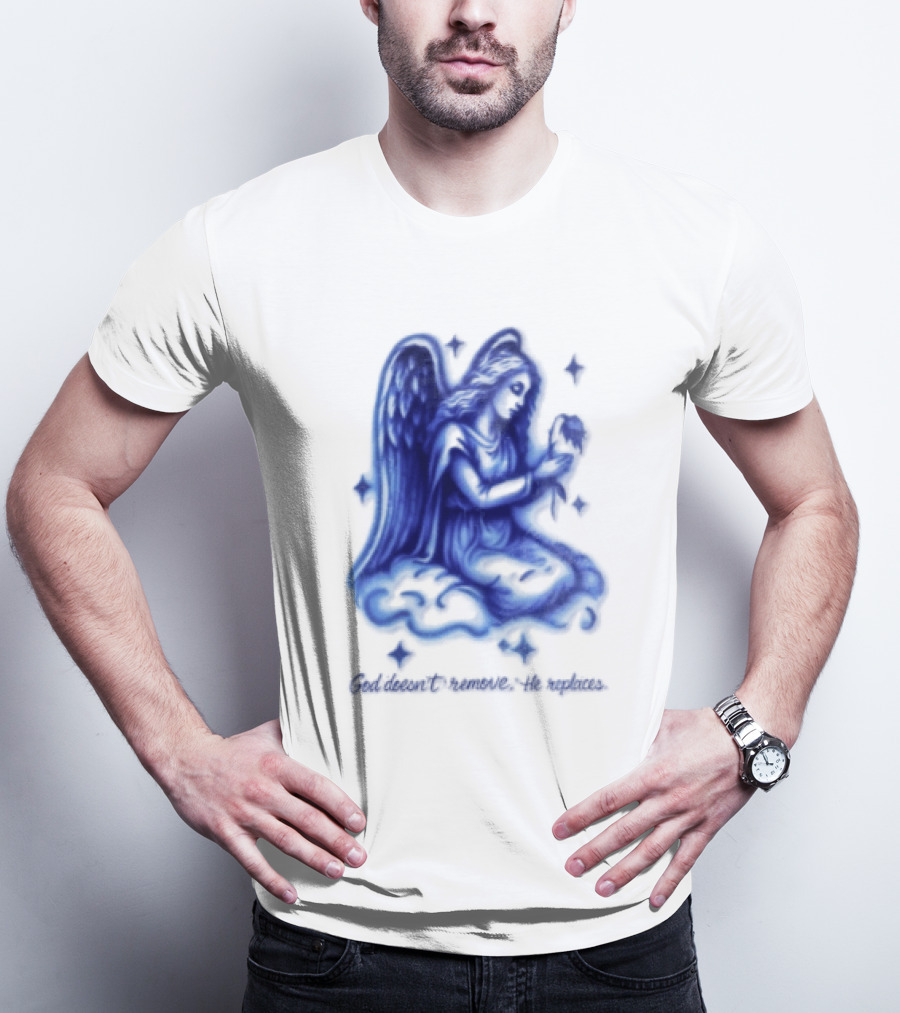 Angel Kneeling On Cloud Holding Flower God Does Not Remove He Replaces T-Shirt