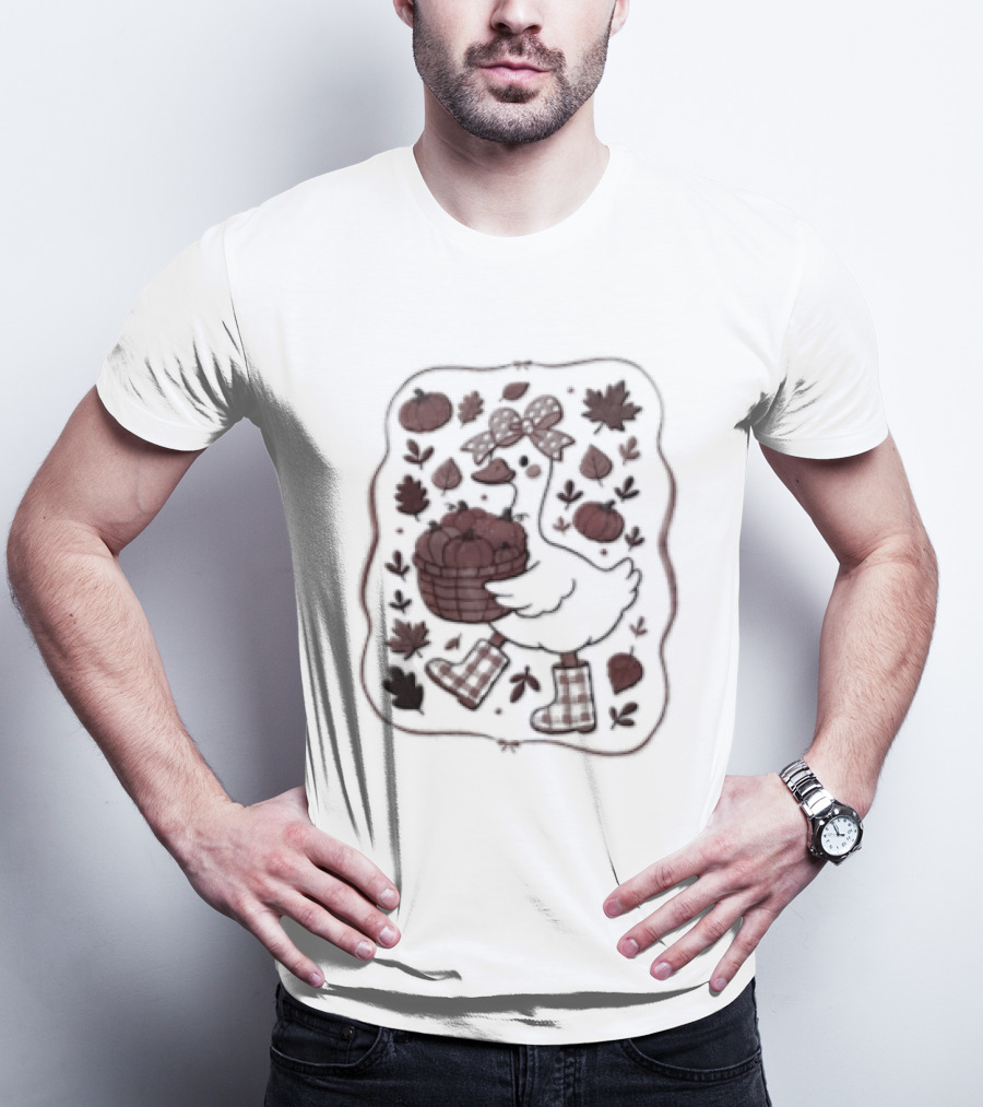 Goose Bow Rain Boots Basket Pumpkins Autumn Leaves T-Shirt