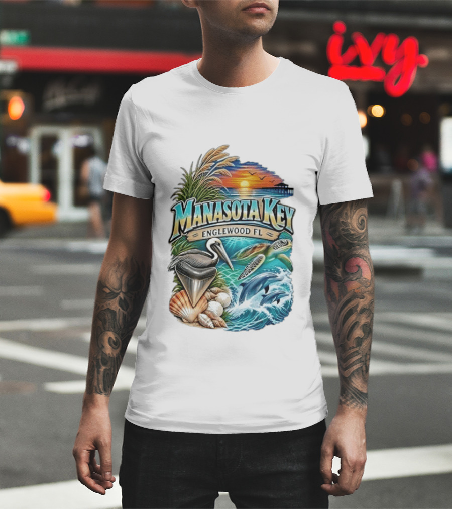 Manasota Key Englewood FL Beach Scene With Pelican Dolphins Shells And Sunset T-Shirt