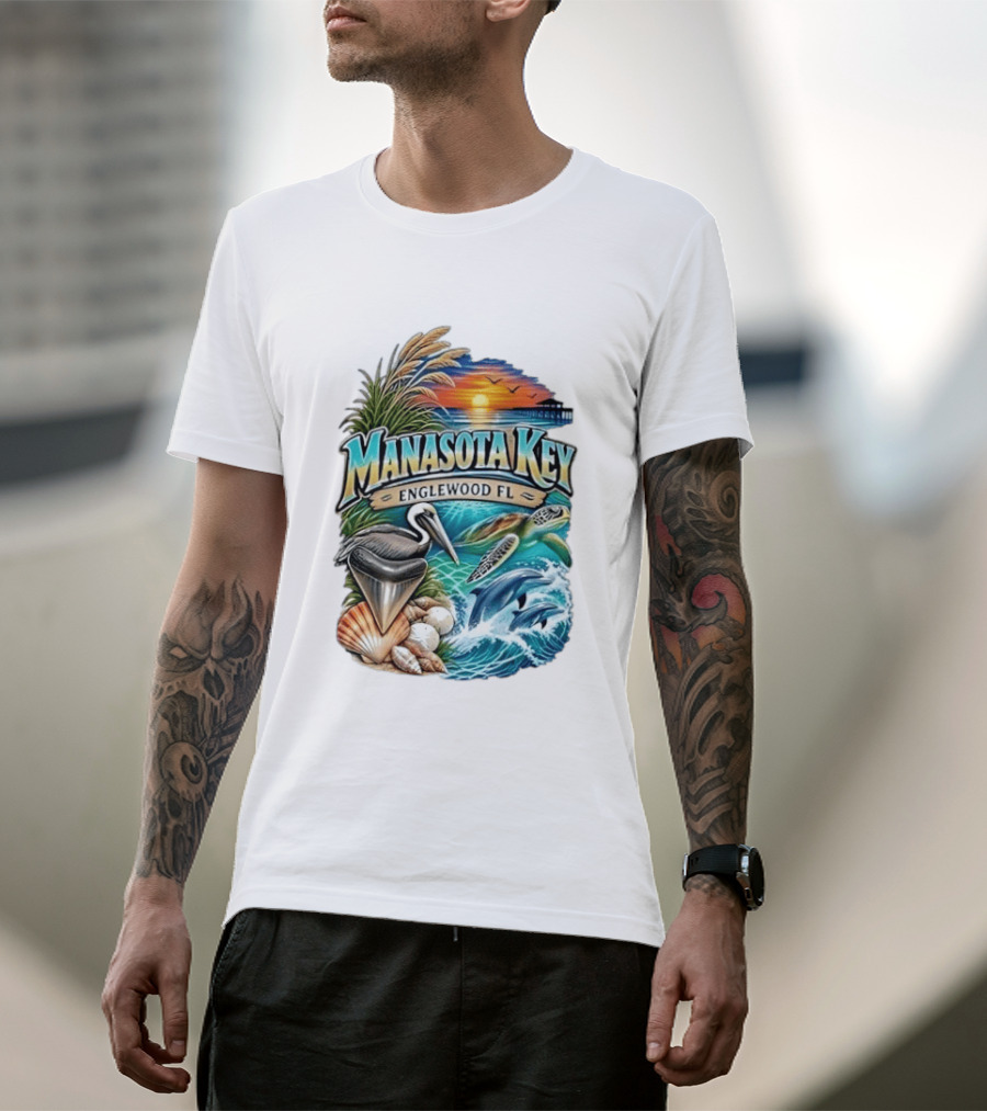 Manasota Key Englewood FL Beach Scene With Pelican Dolphins Shells And Sunset T-Shirt
