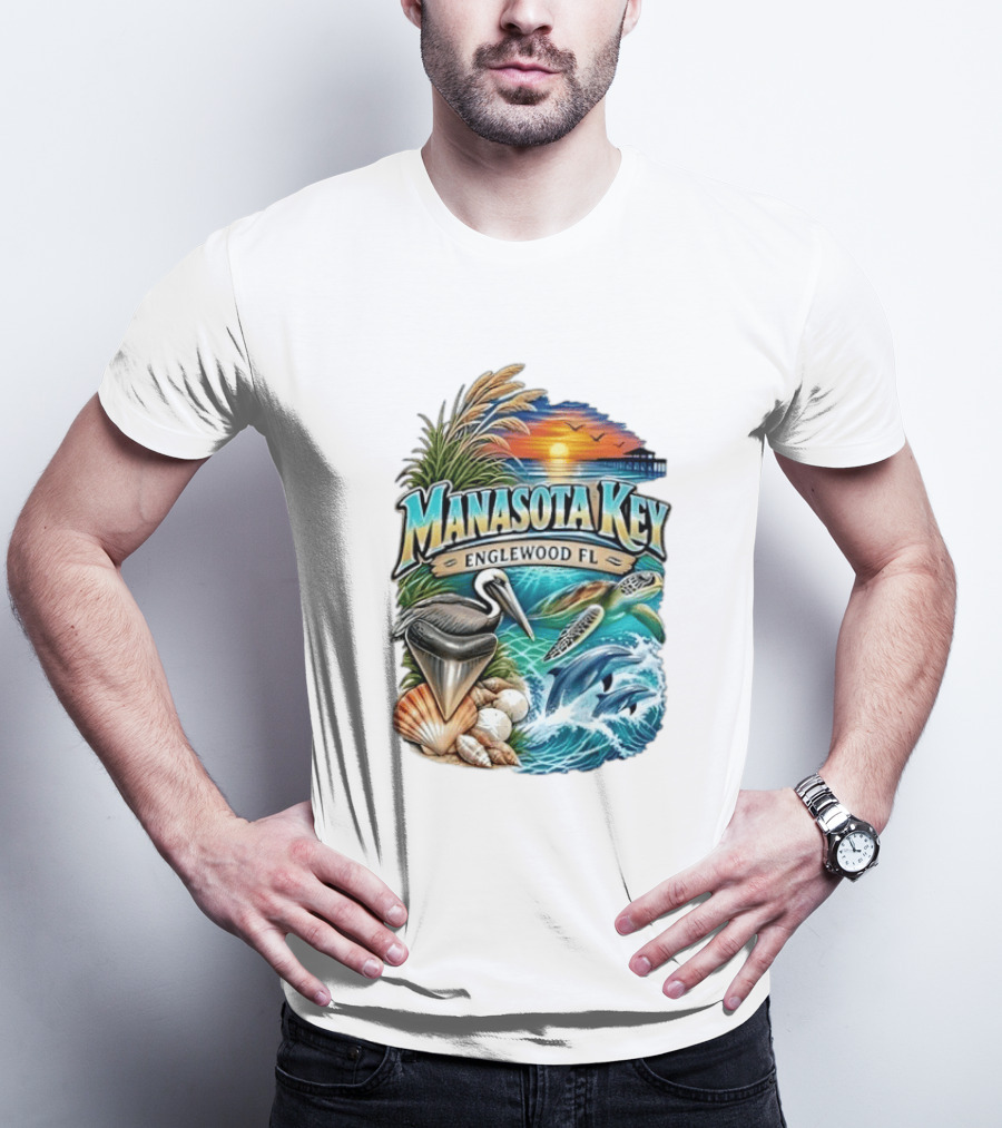 Manasota Key Englewood FL Beach Scene With Pelican Dolphins Shells And Sunset T-Shirt