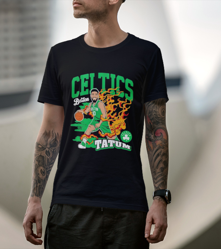 Boston Celtics Jayson Tatum Fired Up Basketball Flames T-Shirt