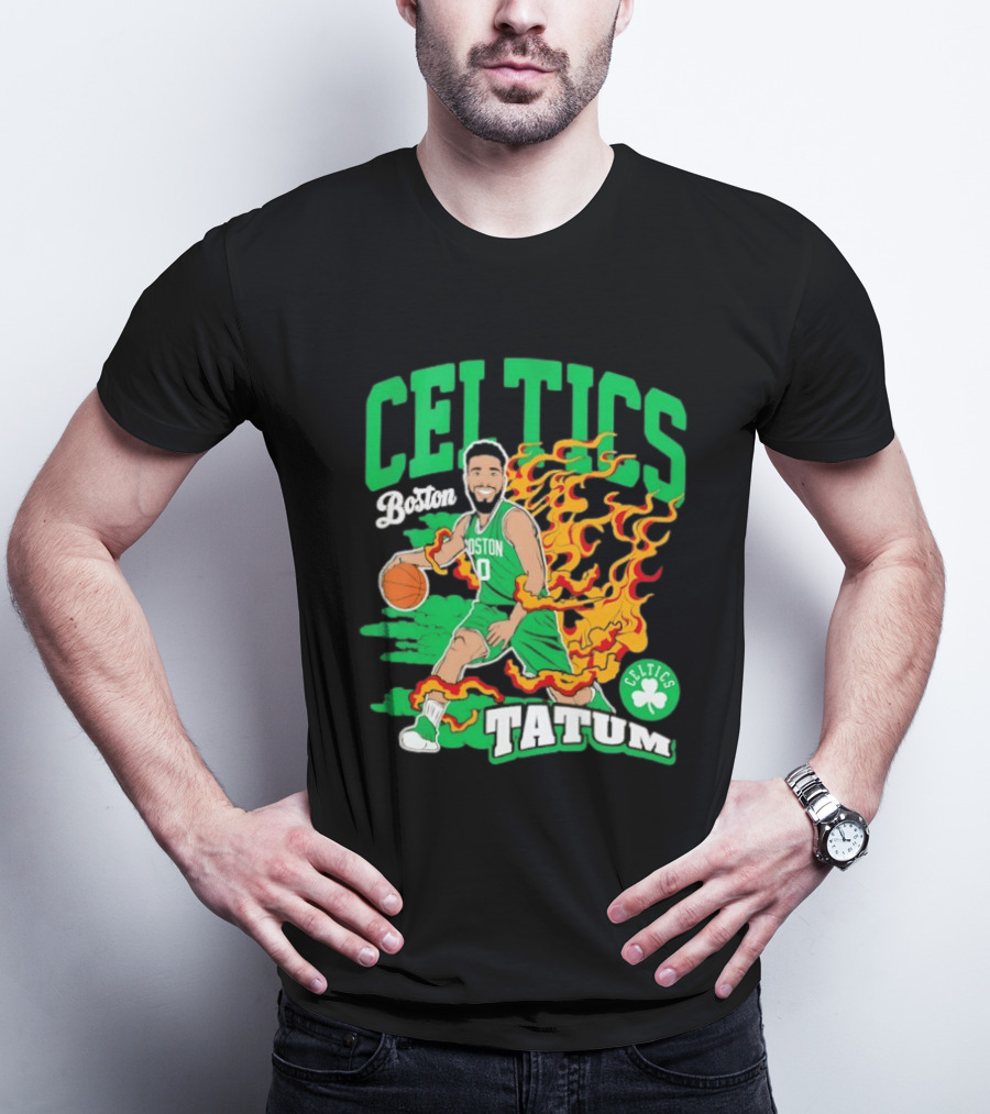 Boston Celtics Jayson Tatum Fired Up Basketball Flames T-Shirt