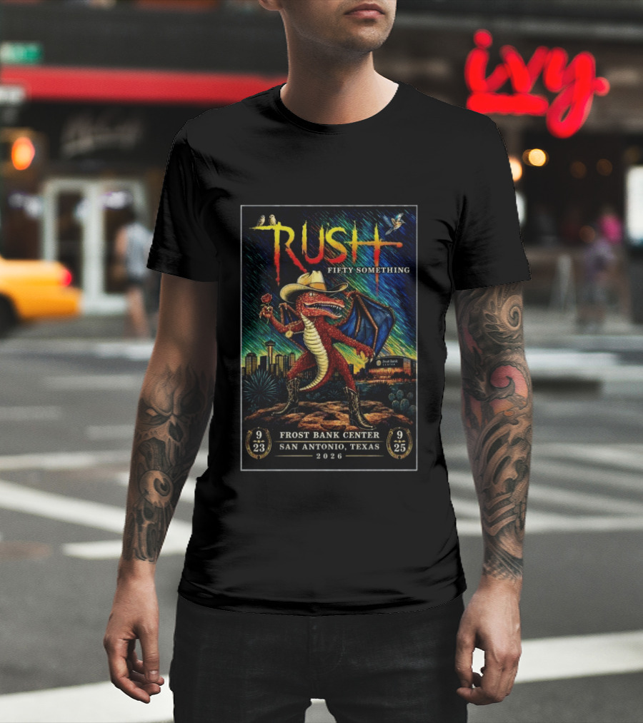 Rush Fifty Something Tour 2026 San Antonio Frost Bank Center Dragon T-Shirt