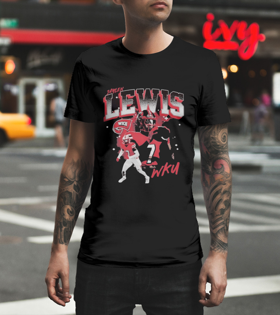 Jaylen Lewis No 7 WKU Football Helmet And Player Action T-Shirt