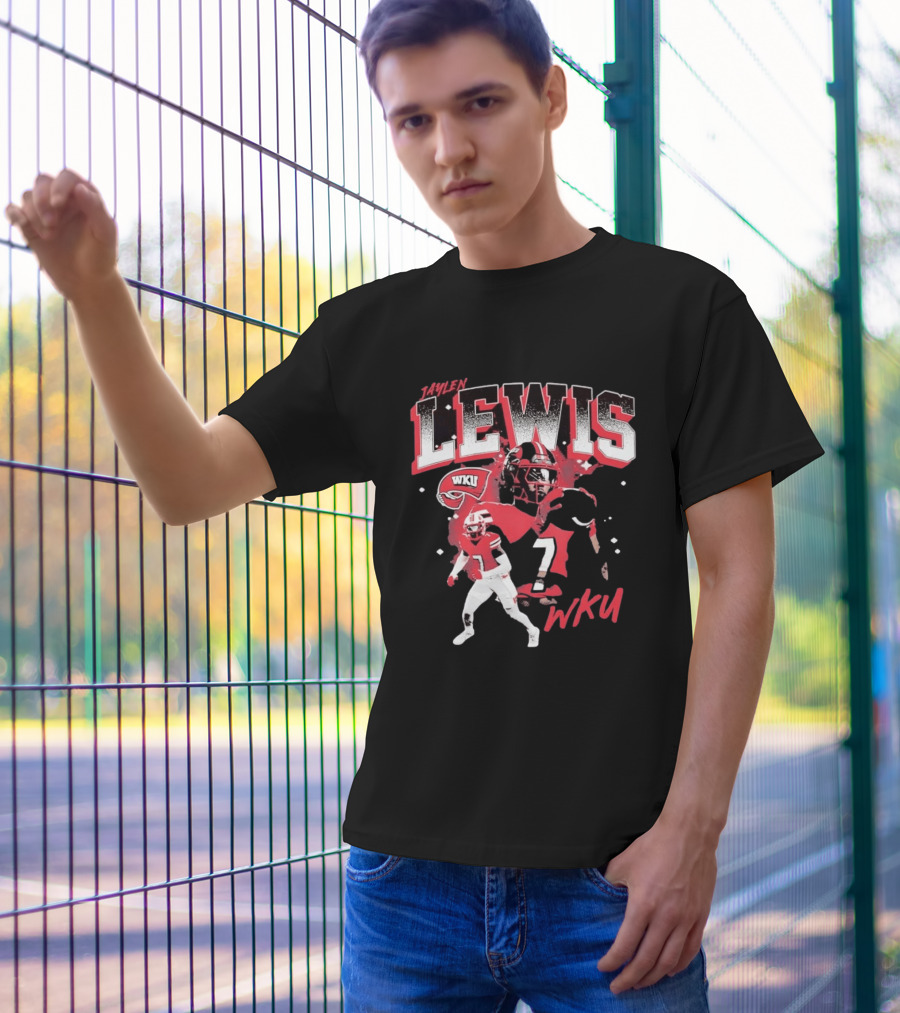 Jaylen Lewis No 7 WKU Football Helmet And Player Action T-Shirt