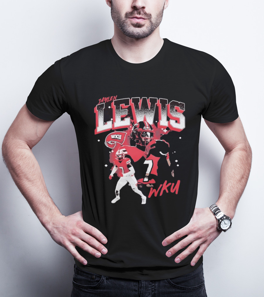 Jaylen Lewis No 7 WKU Football Helmet And Player Action T-Shirt