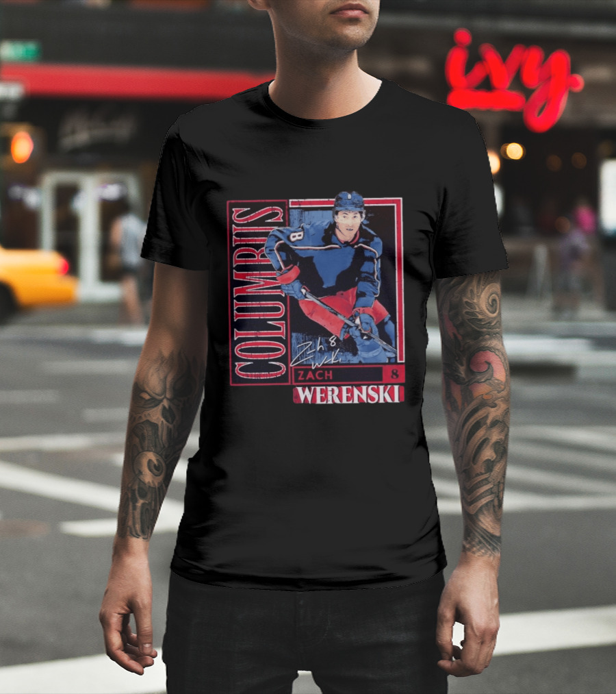 Zach Werenski 8 Columbus Blue Jackets Hockey Card T-Shirt