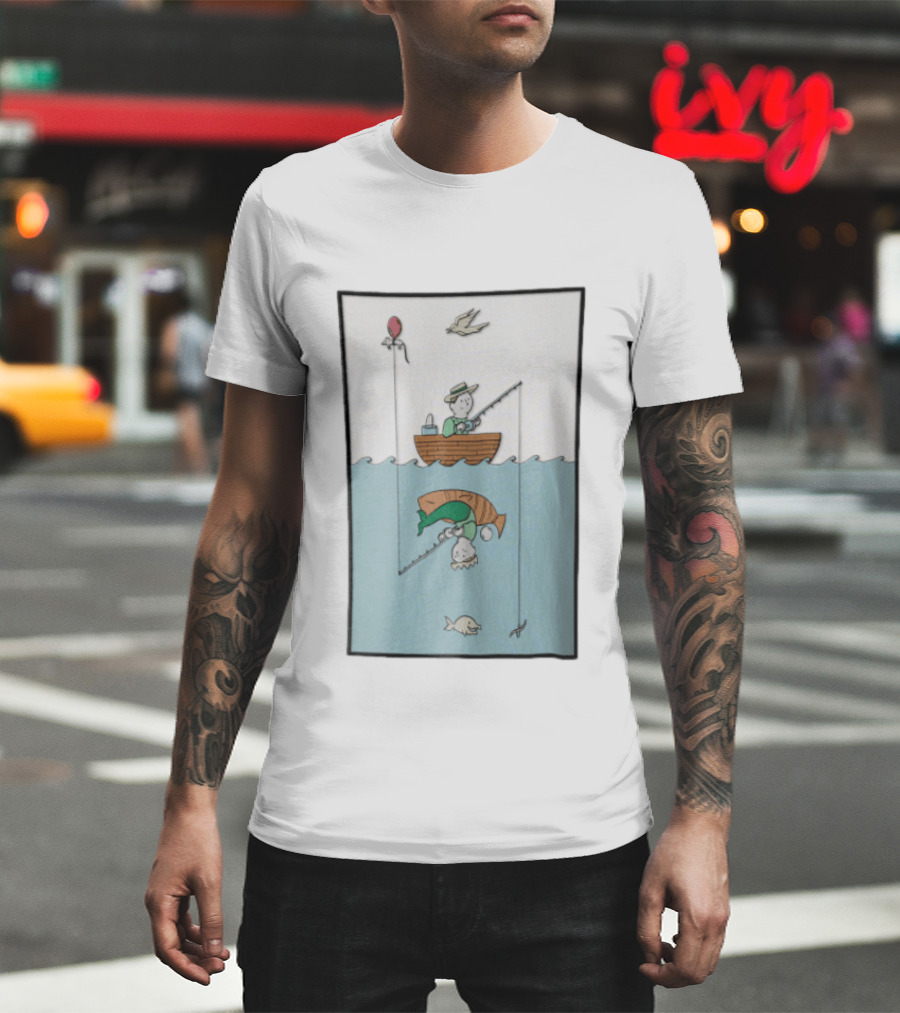 Fisherman In Boat Catching Hidden Mermaid With Fishing Line T-Shirt