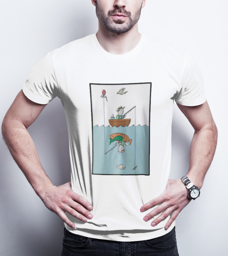 Fisherman In Boat Catching Hidden Mermaid With Fishing Line T-Shirt