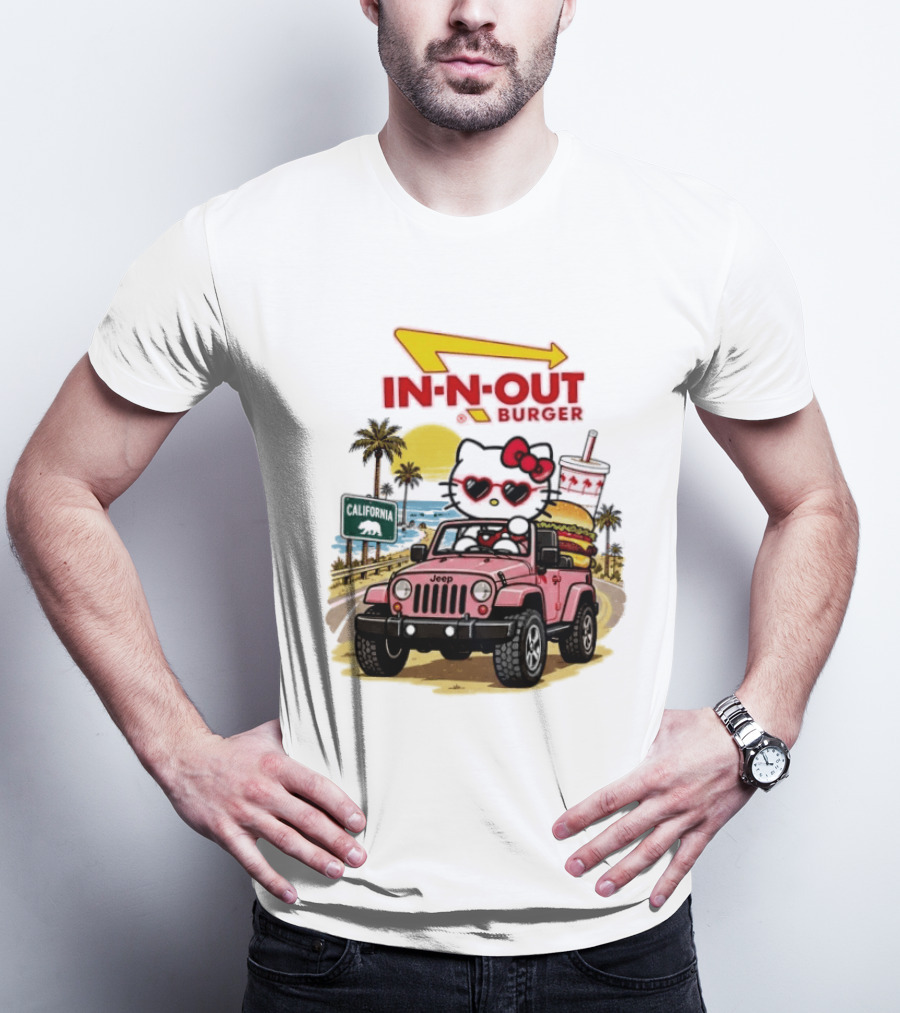 Hello Kitty In Pink Jeep With In N Out Burger California Adventure T-Shirt